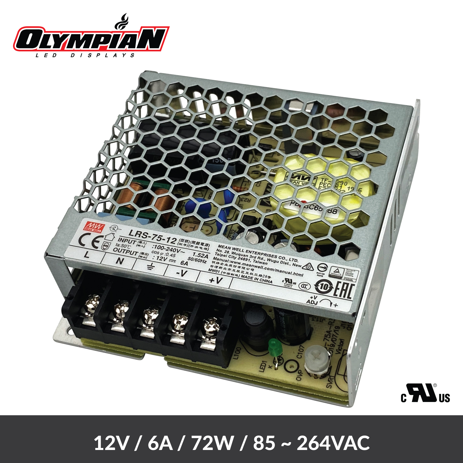 Mean Well LRS-75-12 Switching Power Supply, Single Output, 12V, 6A, 72W - Olympian LED